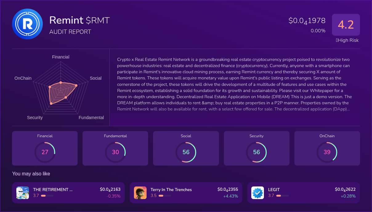Kryll³ | $RMT (Remint) X-Ray Score – Trusted Token Audit, On-Chain DYOR & Financial Insights