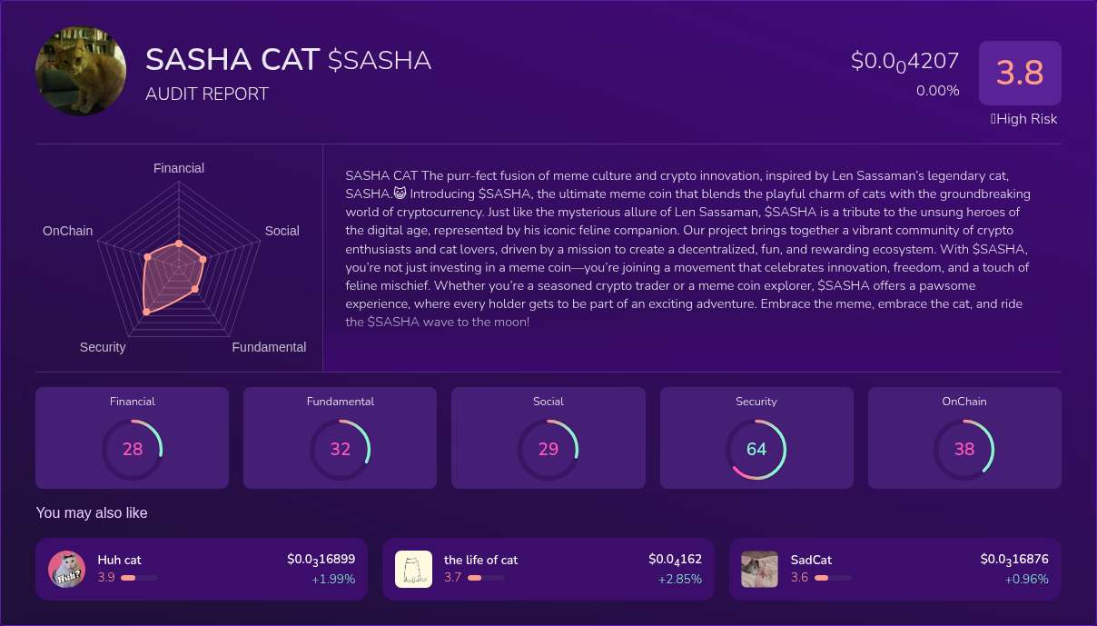 Kryll³ | $SASHA (SASHA CAT) X-Ray Score – Trusted Token Audit, On-Chain DYOR & Financial Insights