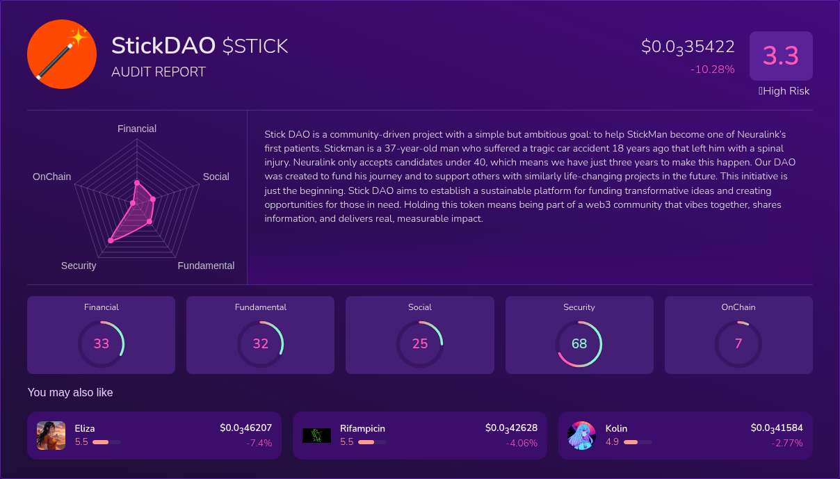 Kryll³ | $STICK (StickDAO) X-Ray Score – Trusted Token Audit, On-Chain DYOR & Financial Insights